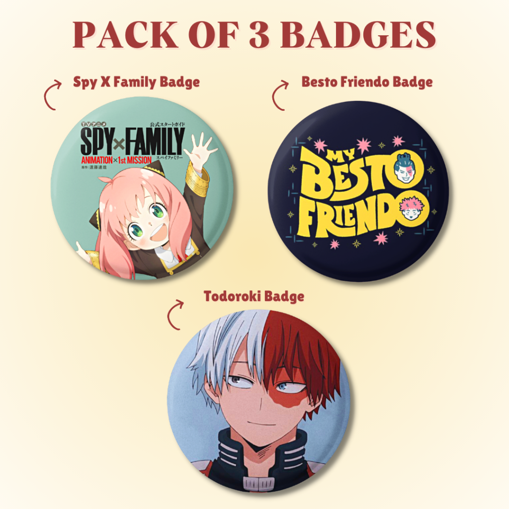 Pack of 3 Anime Badges - Spy X Family + Besto Friendo + Todoroki ...